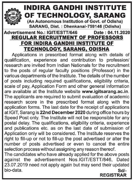 Odisha Jobs - Appointment at IGIT-Sarang Nov-2020