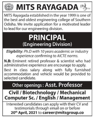 Odisha Jobs - Recruitment at MITS-Rayagada Apr-2021