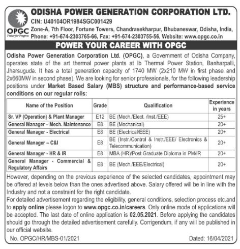 Odisha Jobs - Appointment at OPGCL Apr-2021