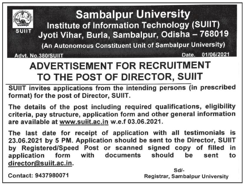 Odisha Jobs - Appointment at SUIIT June-2021