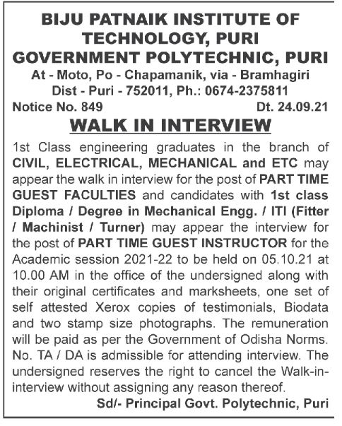 Odisha Jobs - Walk-in at Govt-Polytechnic-Puri Sep-2021