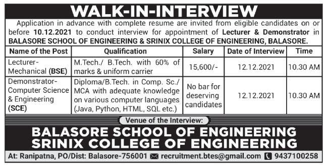 Odisha Jobs - Walk-in at BSES-College-of-Engineering Dec-2021