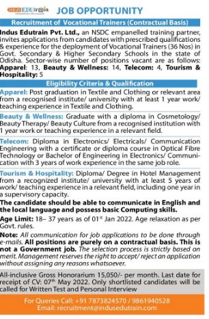 Odisha Jobs - Job-Opportunity at Indus-Edutrain-Pvt-Ltd April-2022