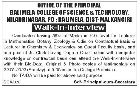 Odisha Jobs - Walk-in at Balimela-College-of-Science-and-Technology May ...