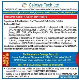 Odisha Jobs - Walk-in at Ceinsys-Tech-Ltd June-2022