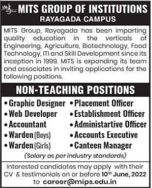 Odisha Jobs - Requirement at MITS-Rayagada June-2022