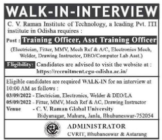 Odisha Jobs - Walk-in at CV-Raman-Institute-of-Technology Aug-2022