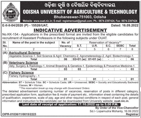 Odisha Jobs - Appointment at OUAT Sep-2022
