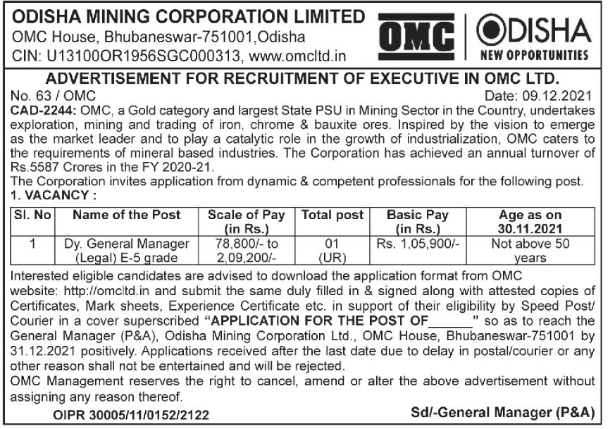 Odisha Jobs - Appointment at Odisha-Mining-Corporation-Limited Dec-2021