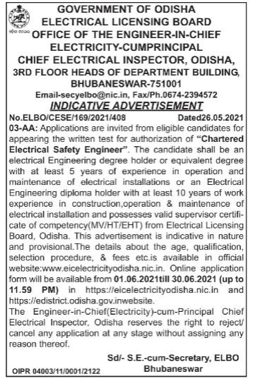 Odisha Jobs - Vacancy at Govt-of-Odisha-Electrical-Licensing-Board May-2021