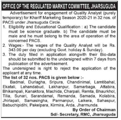 Odisha Jobs - Vacancy at Regulated-Market-Committee-Office-Jharsuguda ...