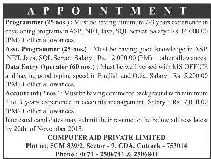 Odisha Jobs - Software / Computer Jobs in Computer Aid Private Limited ...