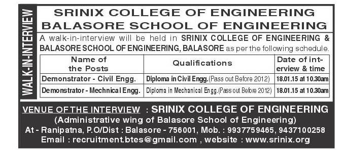 Odisha Jobs - Demonstrator Jobs in Srinix College Of Engineering, Balasore