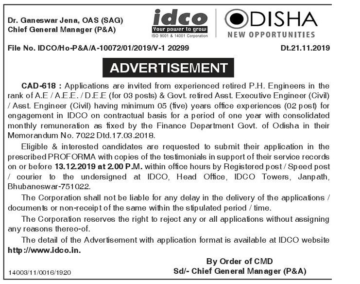 Odisha Jobs - Opportunity At IDCO November-2019