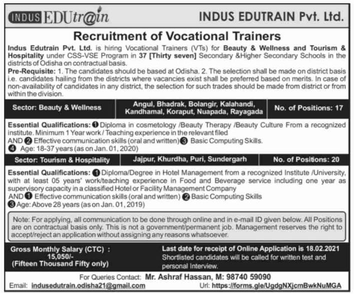 Odisha Jobs - Recruitment at INDUS-Edutrain-Pvt-Ltd Feb-2021