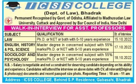 Odisha Jobs - Walk-in at ICSS-College Oct-2022