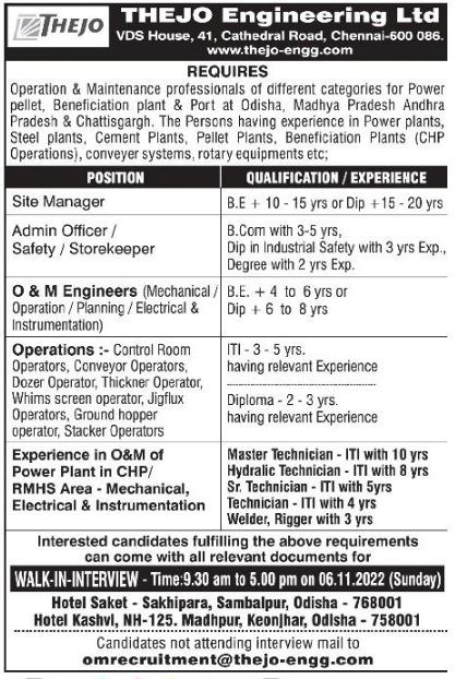 Odisha Jobs - Walk-in for THEJO-Engg-Ltd Oct-2022
