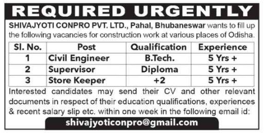 Odisha Jobs - Urgent-Need for Shivajyoti-Conpro-Pvt-Ltd Nov-2022