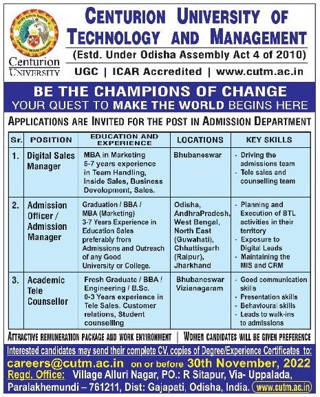 Odisha Jobs - Vacancy at CUTM Nov-2022