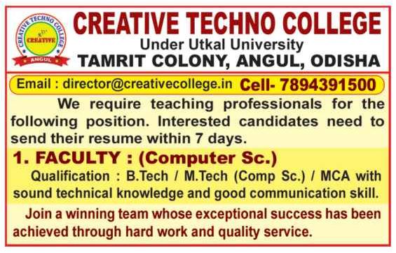 Odisha Jobs - Vacancy at Creative-Techno-College Dec-2022