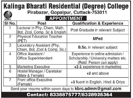 Odisha Jobs - Job-Vacancy at Kaling-Bharati-Res-College Jan-2023
