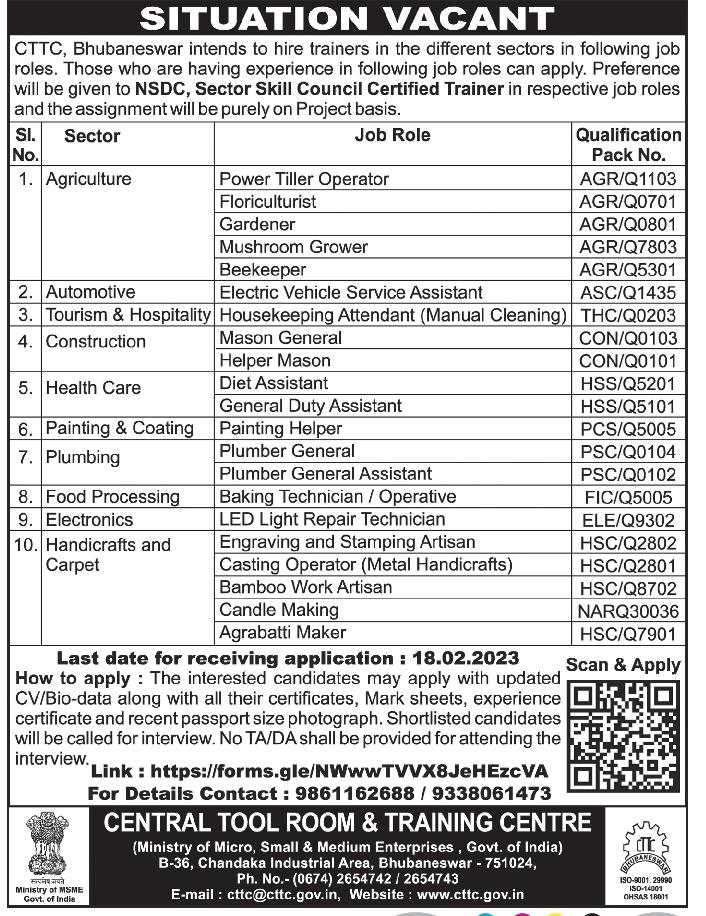 Odisha Jobs - Vacancy under CTTC Feb-2023