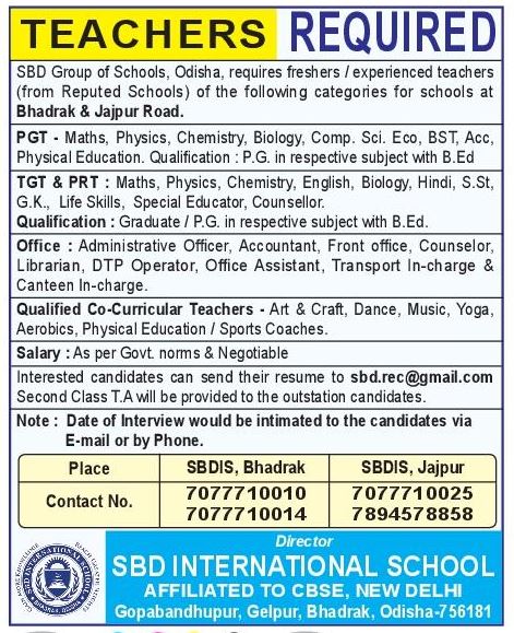 Odisha Jobs - Job-Opportunity at SBD-International-School Feb-2023