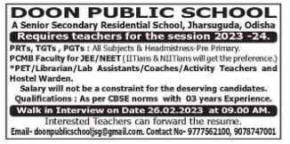 Odisha Jobs - Walk-in at Doon-Public-School Feb-2023
