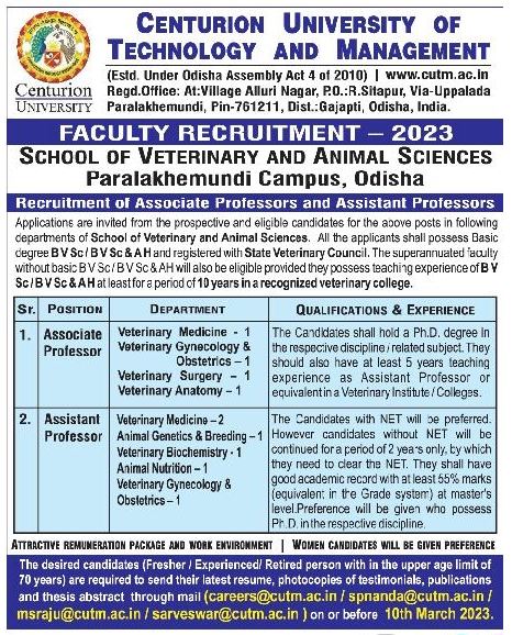 Odisha Jobs - Appointment at CUTM Feb-2023