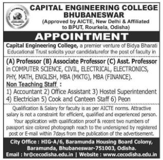 Odisha Jobs - Post-Vacancy at Capital-Engineering-College Mar-2023