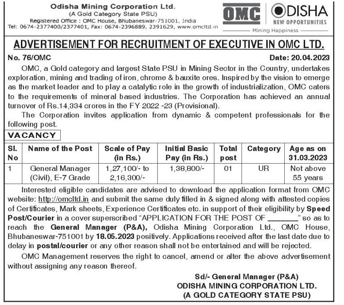Odisha Jobs - Opportunity at OMC April-2023