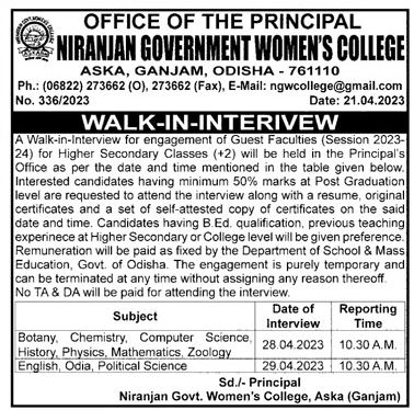 Odisha Jobs - Walk-in at Niranjan-Govt-Womens-College April-2023