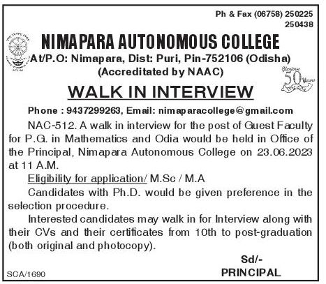 Odisha Jobs - Walk-in at Nimapara-Auto-College June-2023