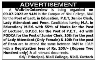 Odisha Jobs - Walk-in at Niali-College June-2023