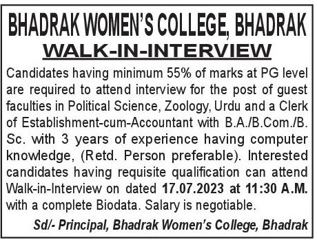 Odisha Jobs - Walk-in at Bhadrak-Womens-College July-2023