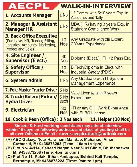 Odisha Jobs - Walk-in at AECPL July-2023