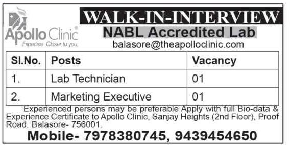Odisha Jobs - Walk-in at NABL-Accredited-Lab July-2023