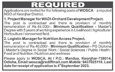 Odisha Jobs - Wanted for WOSCA Aug-2023
