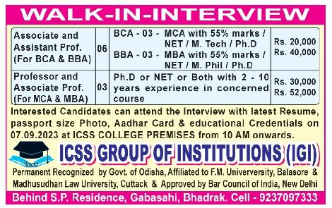 Odisha Jobs - Walk-in at ICSS-Group Aug-2023