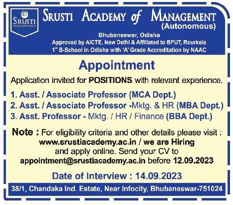 Odisha Jobs - Walk-in at Srusti-Academy-of-Management Sep-2023