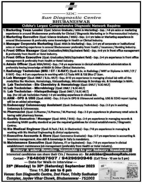 Odisha Jobs - Walk-in at Sun-Diagnostic-Centre Sep-2023