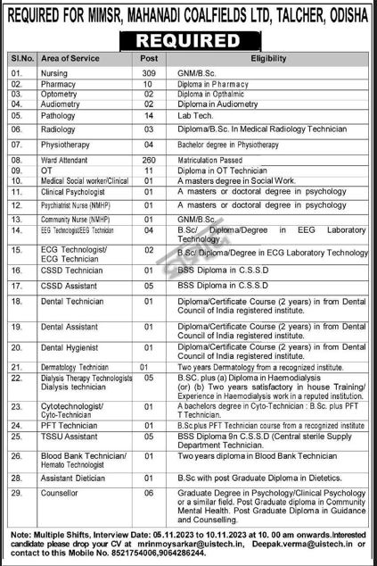 Odisha Jobs - Walk-in at MIMSR-MCL-Talcher Nov-2023