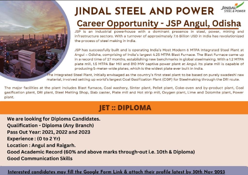 Odisha Jobs - Reruitment at Jindal-Steel-and-Power Nov-2023