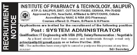 Odisha Jobs - Appointment at IPT-Salipur Dec-2023