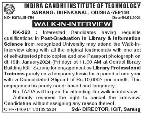 Odisha Jobs - Walk-in at IGIT-Sarang Jan-24