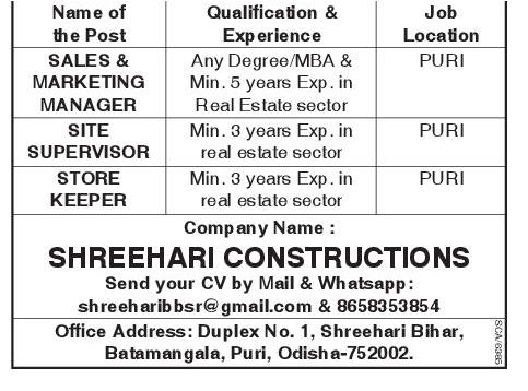 Odisha Jobs - Wanted for Shreehari-Constructions Jan-24