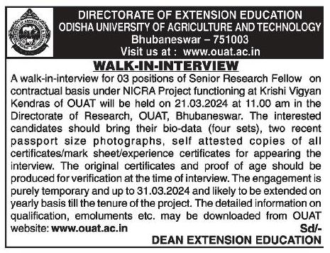 Odisha Jobs - Walk-in at OUAT Mar-24