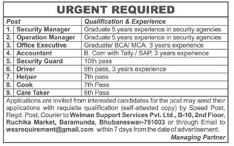 Odisha Jobs - Immidiate-Need for Welman-Support-Services-Pvt-Ltd Apr-24