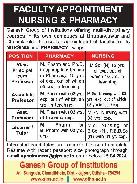 Odisha Jobs - Post-Vacancy at Ganesh-Group-of-Institutions Apr-24