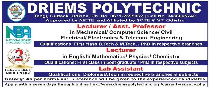 Odisha Jobs - Vacancy at DRIEMS-Polytechnic June-24